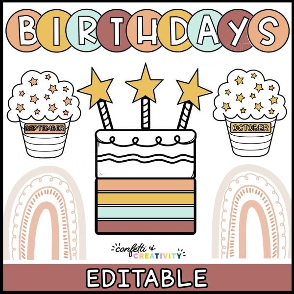 Modern Neutral Classroom Birthday Board | Confetti & Creativity