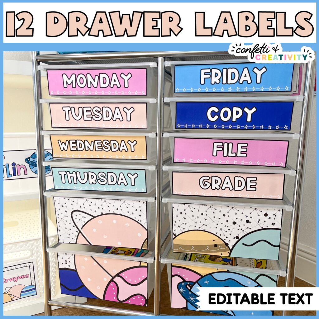 Space 12 Drawer Cart Labels | Confetti & Creativity