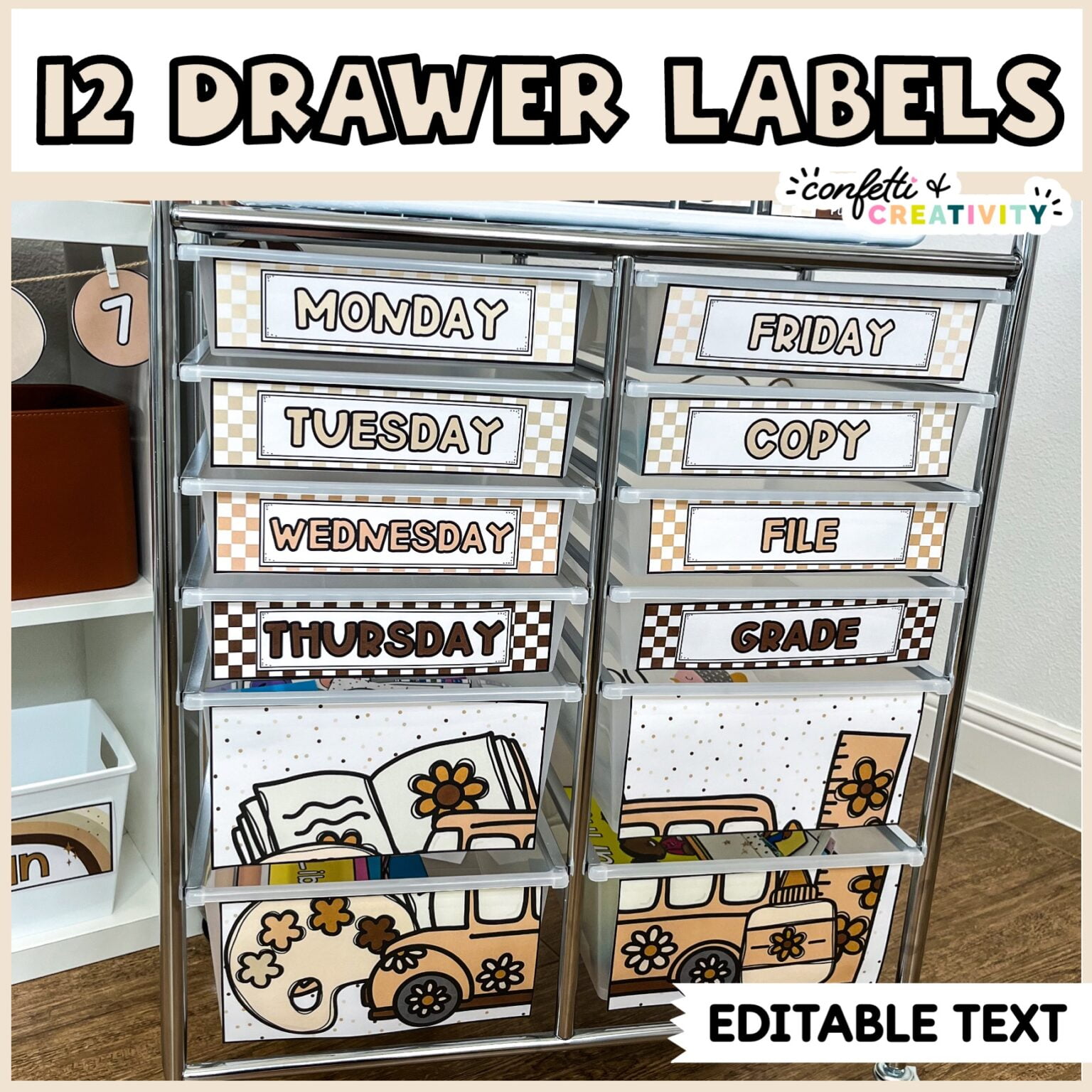 Neutral 12 Drawer Rolling Cart Labels | Confetti & Creativity