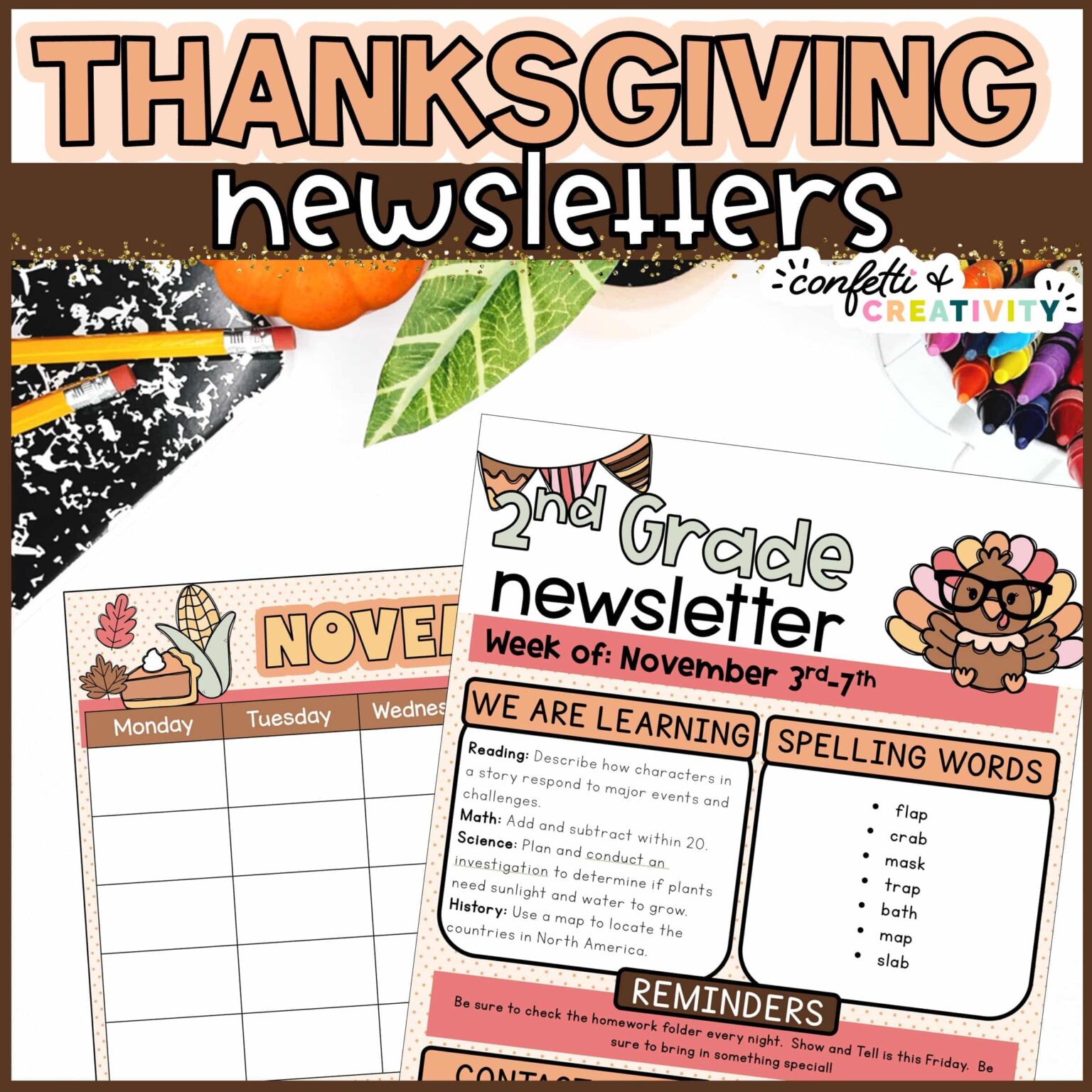 Thanksgiving Newsletter Templates and Calendar | Confetti & Creativity