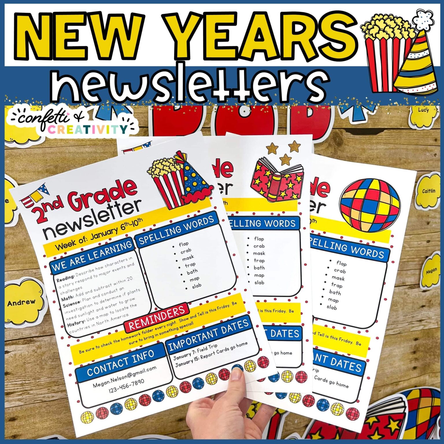 New Years Newsletter Templates and Calendar | Editable | Confetti ...