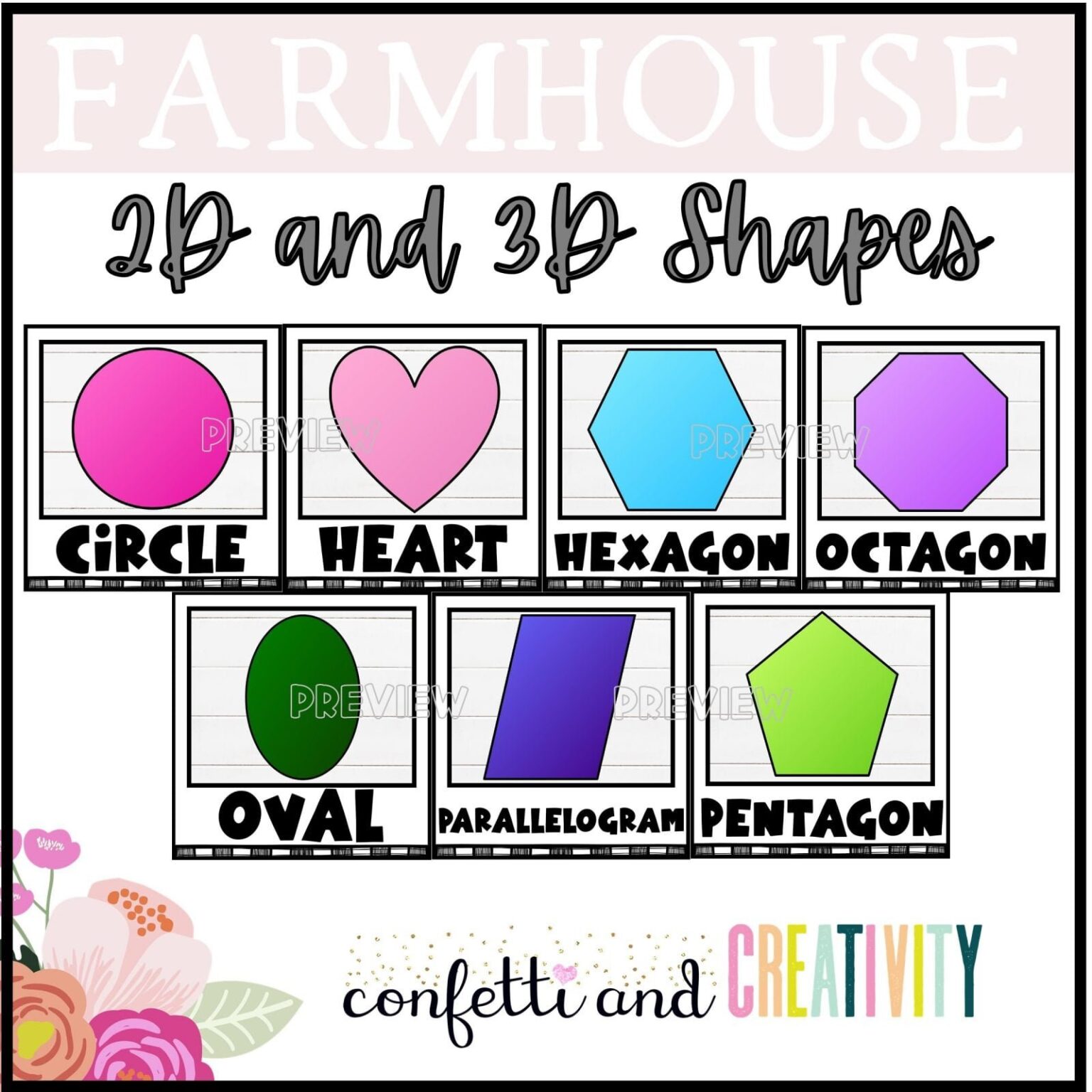 Farmhouse Floral 2D and 3D Shape Posters | Confetti & Creativity